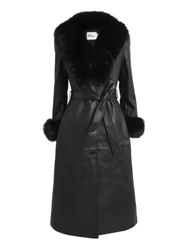 SELF-PORTRAIT Leather Faux Fur-trim Long Coat - Black
