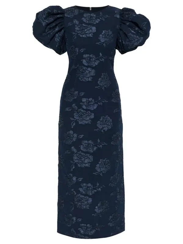 ROTATE BY BIRGER CHRISTENSEN Midi Dress With Puff Sleeves - Navy Blue