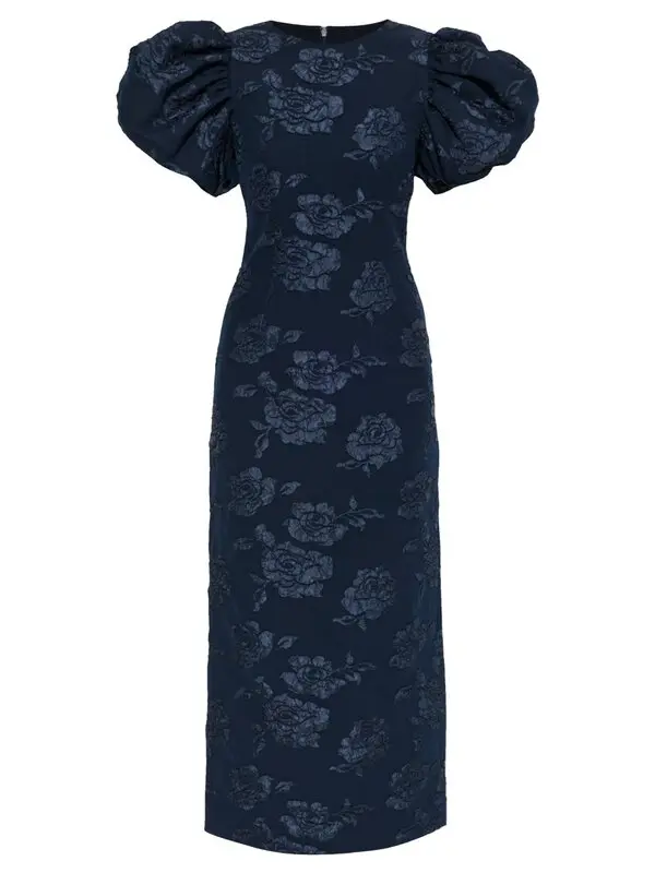 ROTATE BY BIRGER CHRISTENSEN Midi Dress With Puff Sleeves - Navy Blue