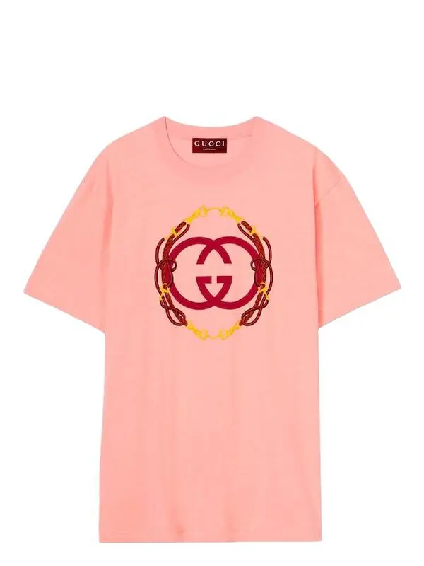 Gucci Cotton Jersey T-shirt With Interlocking G Print And Bridles Embroidery - Pink