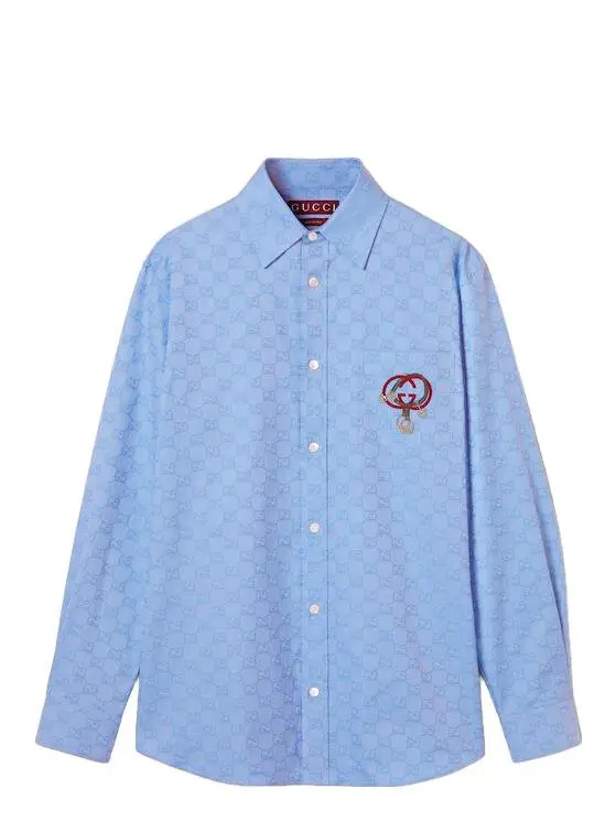 Gucci Gg Oxford Cotton Shirt With Embroidery - Blue