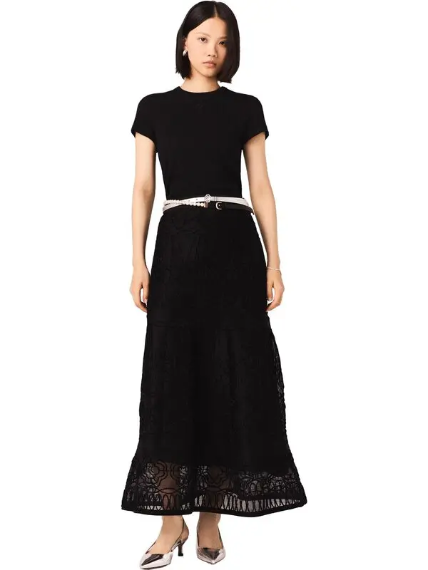 Maje Embroidered Flared Knit Skirt - Black
