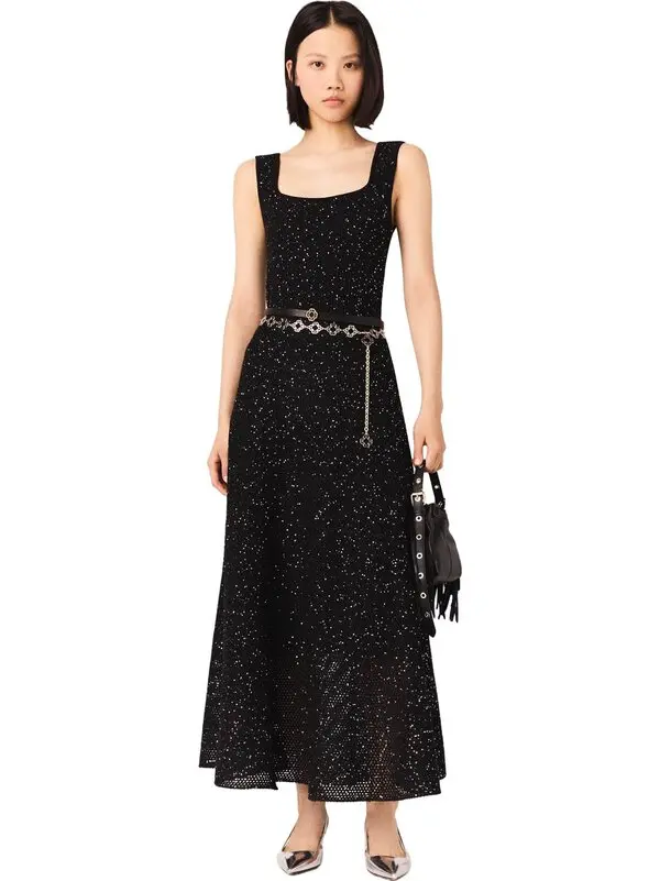 Maje Polyester Rhinestone Knit Maxi Dress - Black