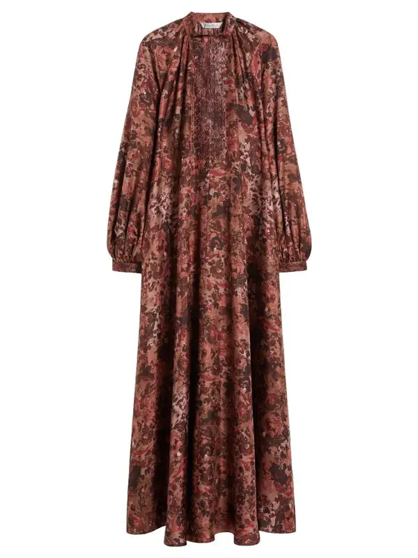 Max Mara Flared Printed Silk Maxi Dress - Bordeaux