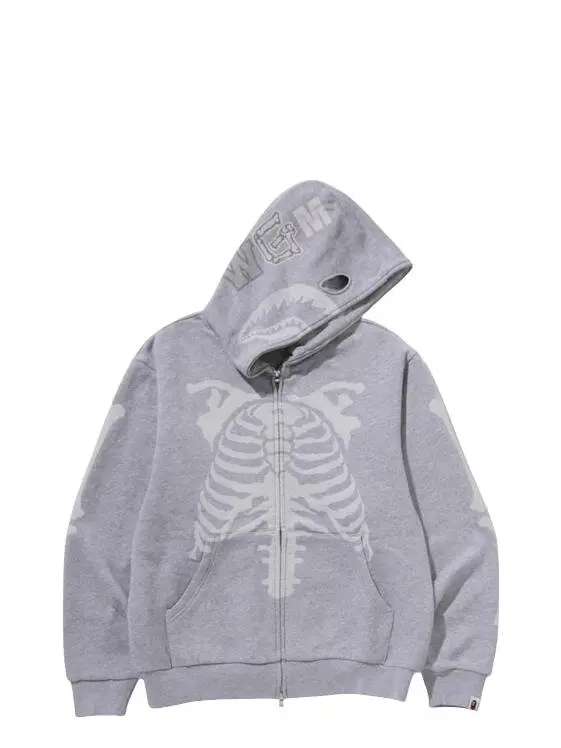 BAPE Skeleton Shark Heavy Washed Cropped Fit Full Zip Hoodie - Grey