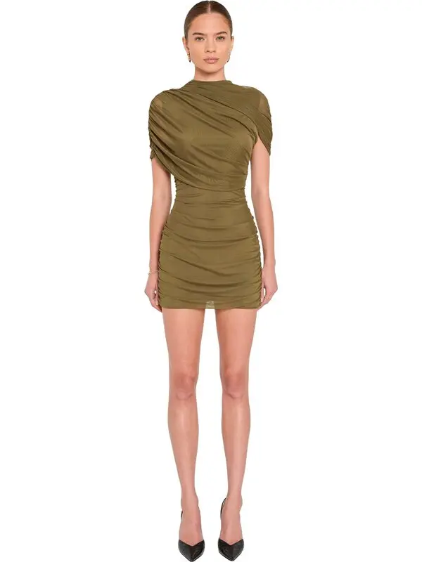 Amanda Uprichard Evianna Ruched Mock Neck Mini Dress - Olive
