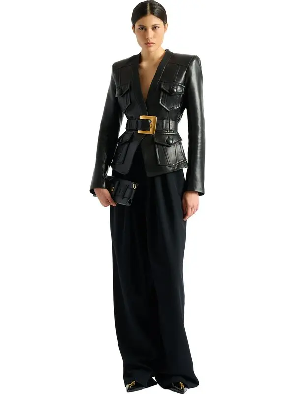 Balmain Belted Lambskin Leather Jacket - Black
