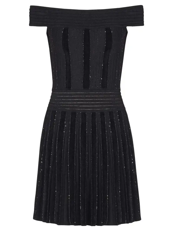 Balmain Off-the-shoulder Glitter Knit Dress - Black
