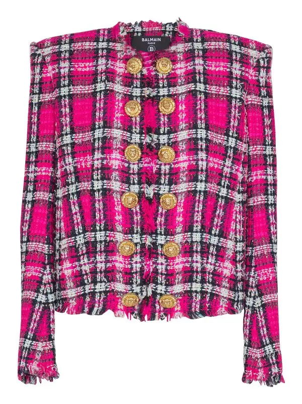 Balmain Cropped Glitter Plaid Tweed Jacket - Pink
