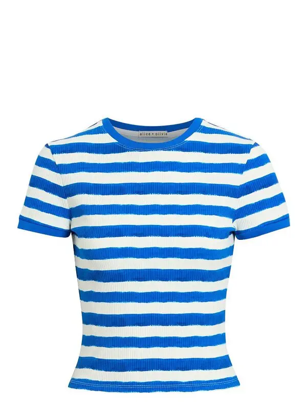 Alice + Olivia Striped Ribbed Cotton-blend Top - Bright Blue