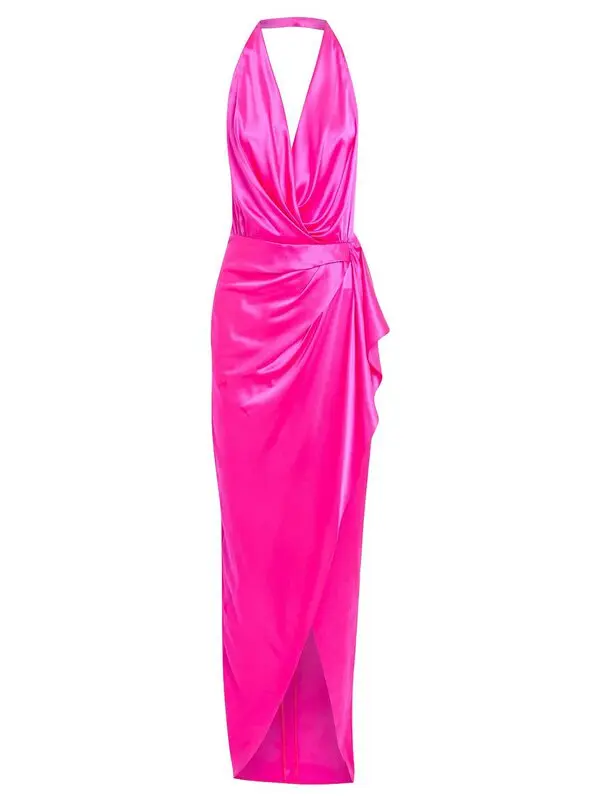 Michelle Mason Draped Silksatin Halterneck Gown - Bright Pink