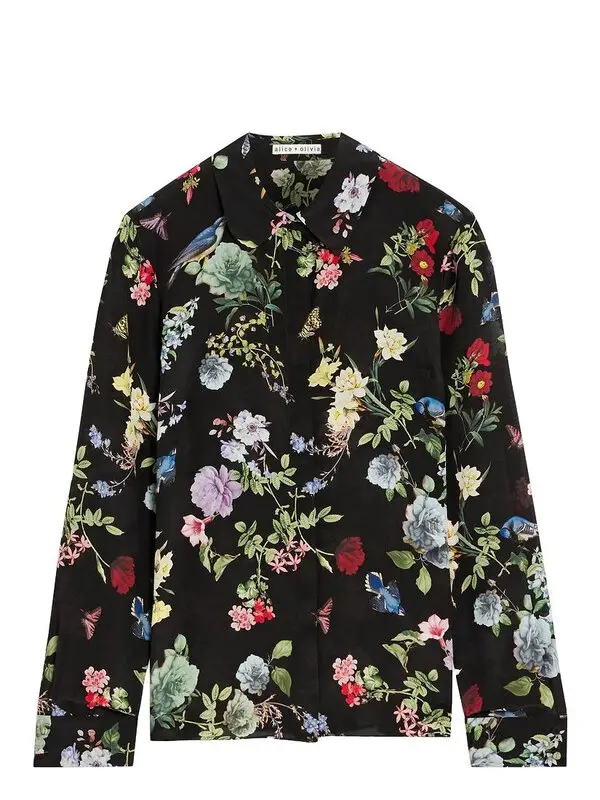 Alice + Olivia Willa Floral Silk Shirt - Black