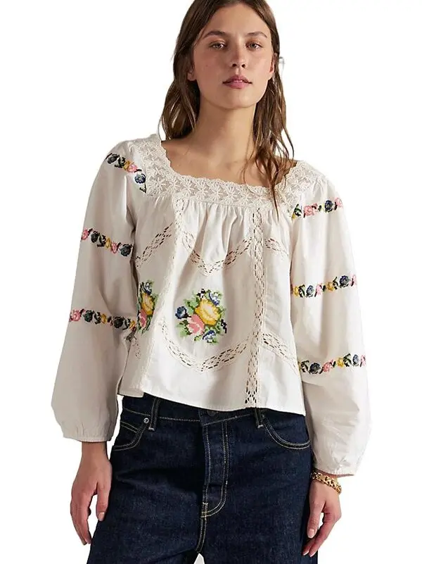 Free People Homebound Embroidered Blouse - Ivory