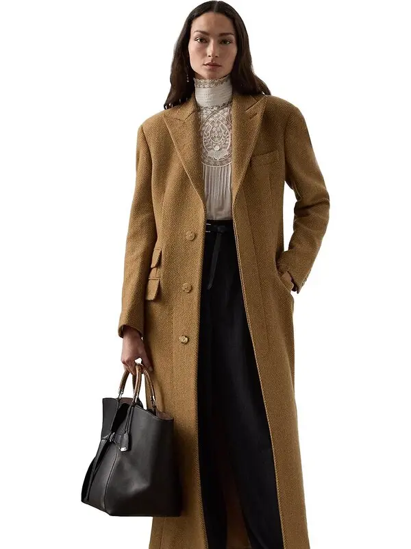Ralph Lauren Amory Wool Herringbone Overcoat - Tan Multi