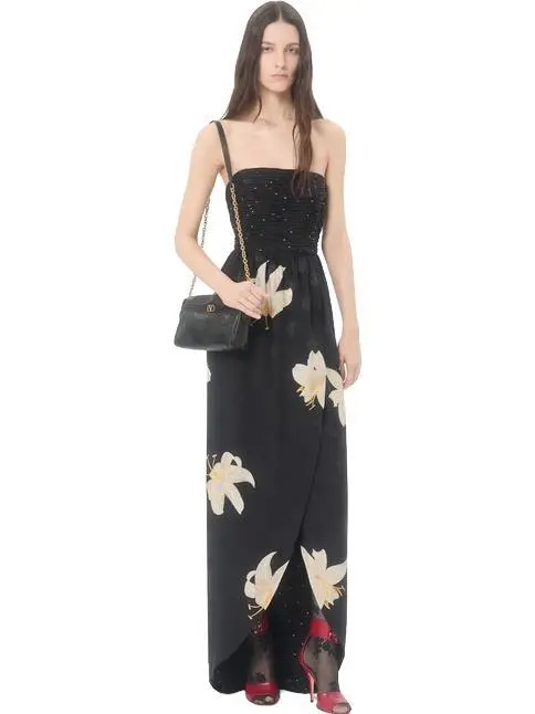 Valentino Garavani Long Dress In Crepe De Chine Jacquard Apres L'hiver Lilium - Black