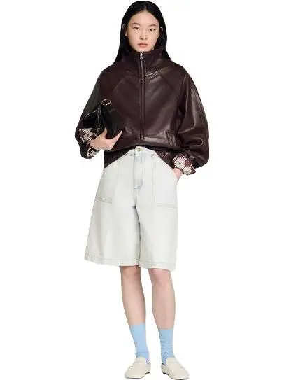 Sandro Oversized Zip-up Lambskin Leather Jacket - Brown