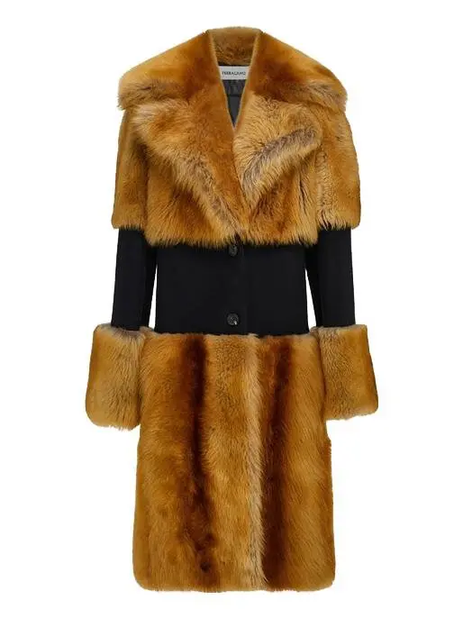 FERRAGAMO Long Shearling Coat With Wool Inlay - Gold