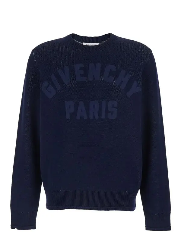 Givenchy Crew Neck Sweater With Logo Lettering On The Front In Cotton Knit - Blue
