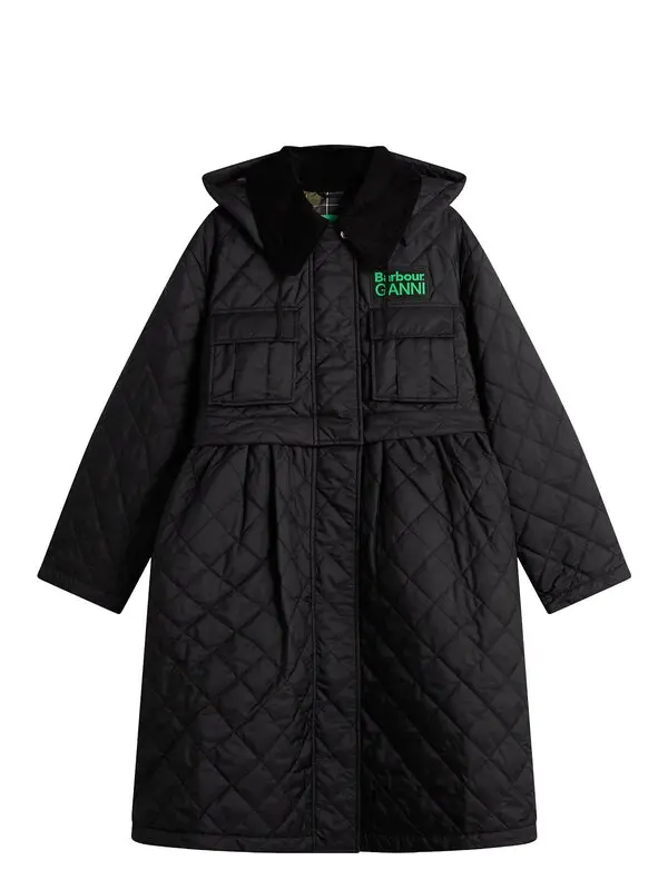 Barbour X Ganni Peplum Zip Off Quilted Jacket - Black/classic Tartan