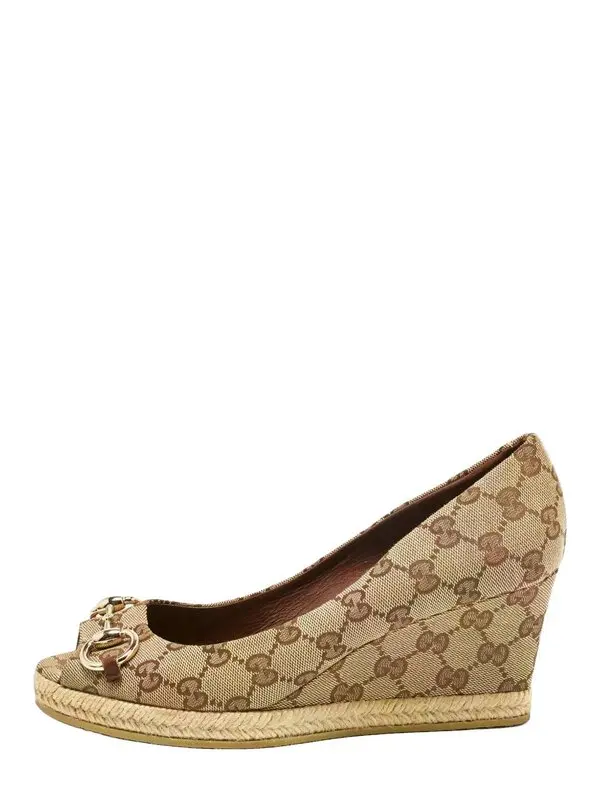 Gucci Charlotte Horsebit Canvas Wedge Pumps - Neutrals