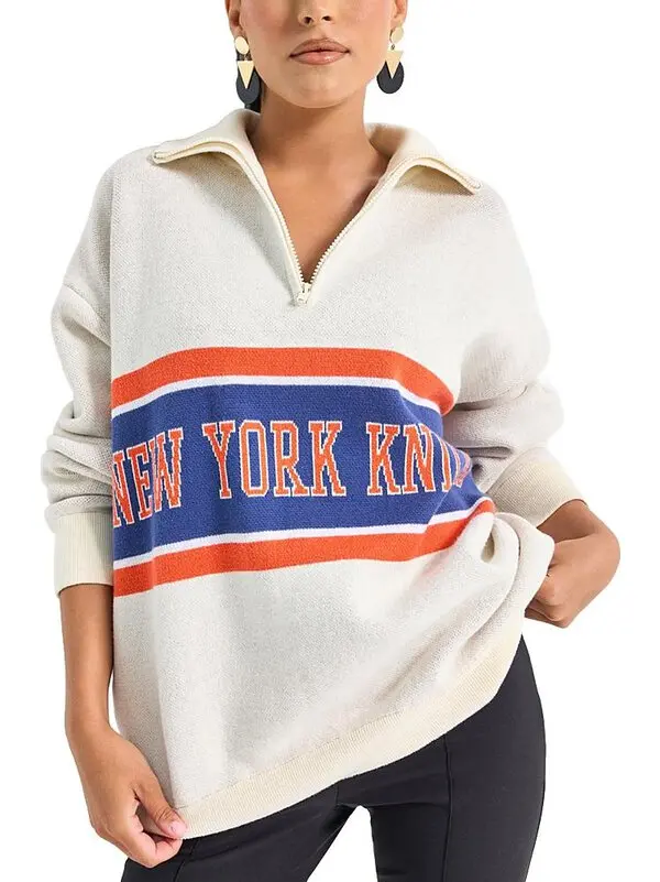 Terez Quarter Zip Stripe Logo Sweater - New York Knicks