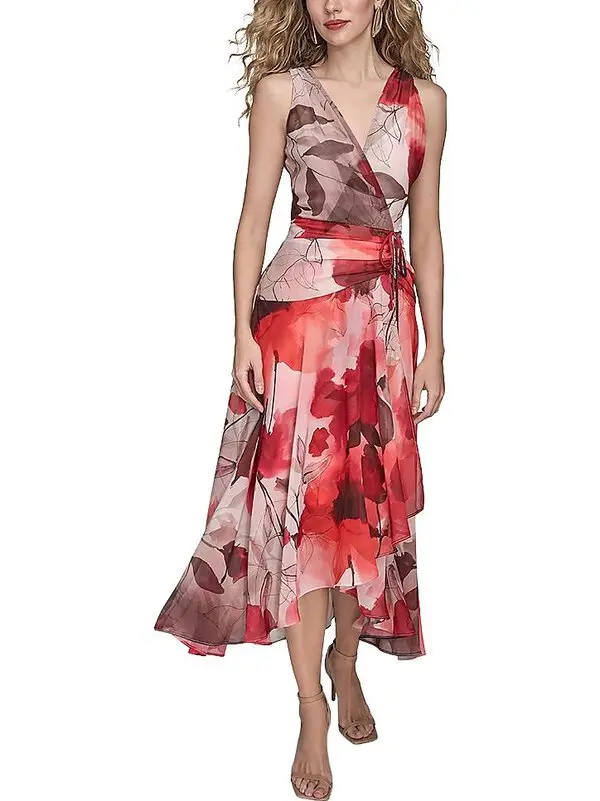 Donna Karan New York Chiffon Faux Wrap Dress - Magenta Multi