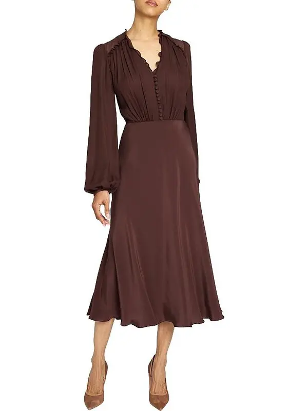 Santorelli Amal Silk Long Sleeve Fit And Flare Midi Dress - Raisin