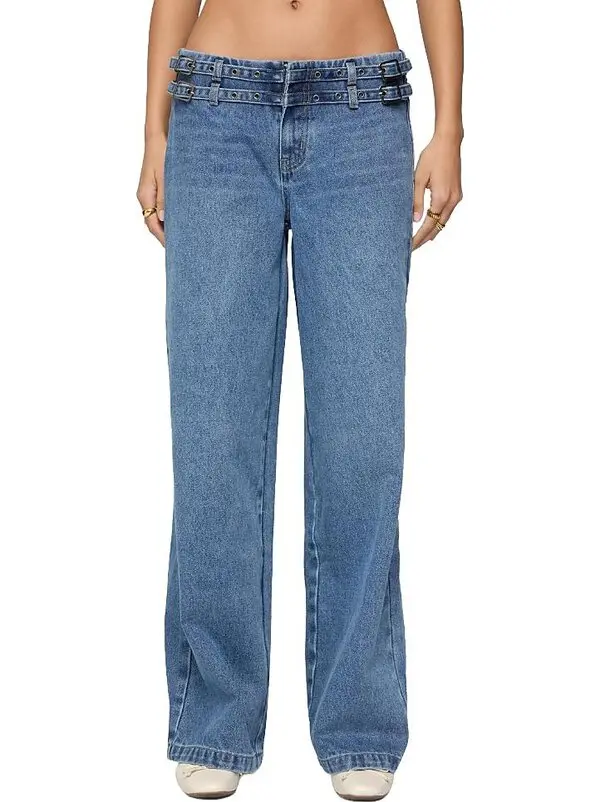 EDIKTED Livia Double Belt Baggy Jeans - Blue Washed