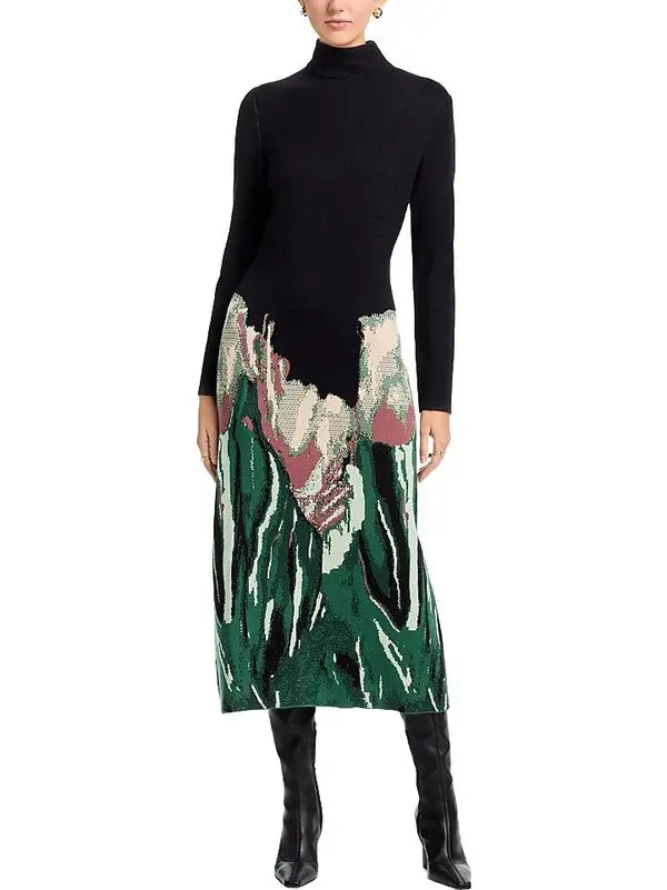 Misook Floral Jacquard Knit Dress - Dark Ivy/black/midnight Umber/agave/bisc