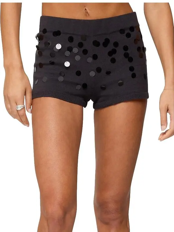 EDIKTED Sequin Knit Micro Shorts - Dark-gray