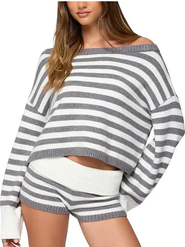 EDIKTED Striped Oversized Knit Sweater - Gray-and-white