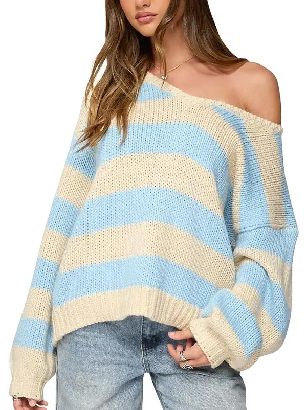 EDIKTED Striped Oversized Sweater - Light-blue