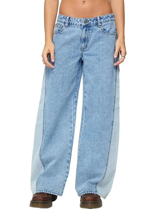 EDIKTED Genna Contrast Panel Low Rise Baggy Jeans - Blue-washed