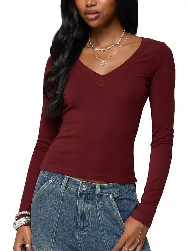 EDIKTED Larna V Neck Ribbed T-shirt - Burgundy