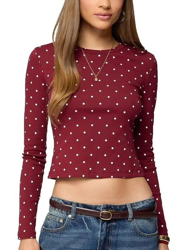 EDIKTED Daliya Polka Dot Long Sleeve Top - Burgundy