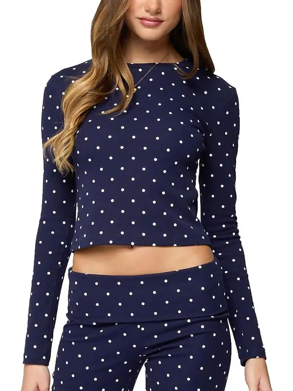 EDIKTED Daliya Polka Dot Long Sleeve Top - Navy
