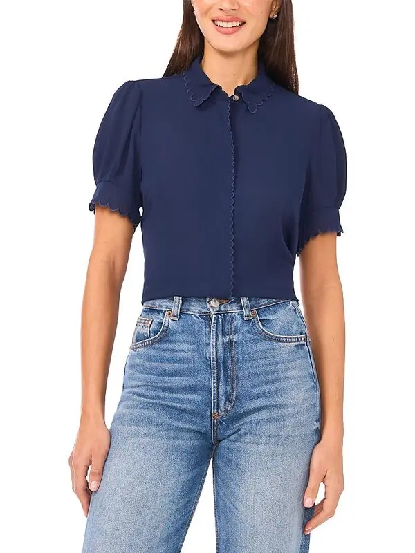 CECE DUPRAZ Puffed Sleeve Scalloped Edge Blouse - Classic Navy