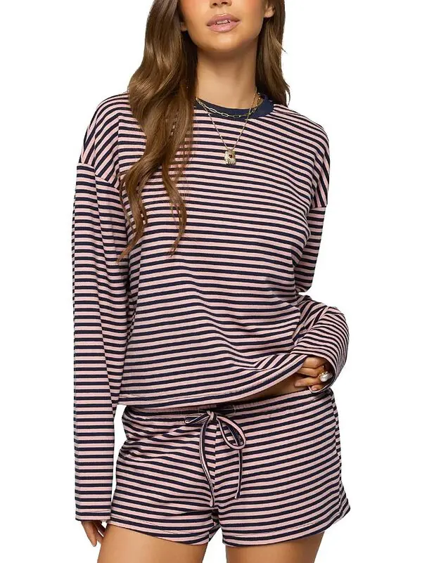 EDIKTED Jainee Striped Long Sleeve T-shirt - Navy-and-pink