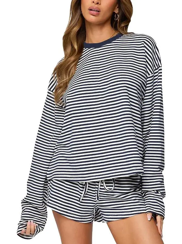 EDIKTED Jainee Striped Long Sleeve T-shirt - Navy