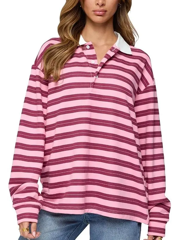 EDIKTED Striped Polo Sweatshirt - Pink