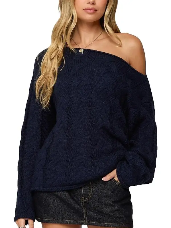 EDIKTED Nellie Off Shoulder Cable Knit Sweater - Navy