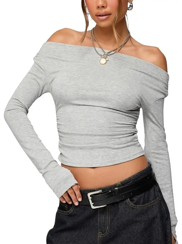 EDIKTED Milane Ruched Off Shoulder Ribbed Top - Gray-melange