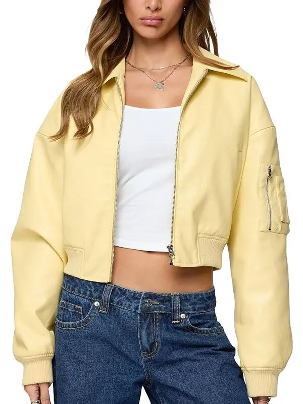 EDIKTED Zayna Cropped Faux Leather Bomber Jacket - Yellow