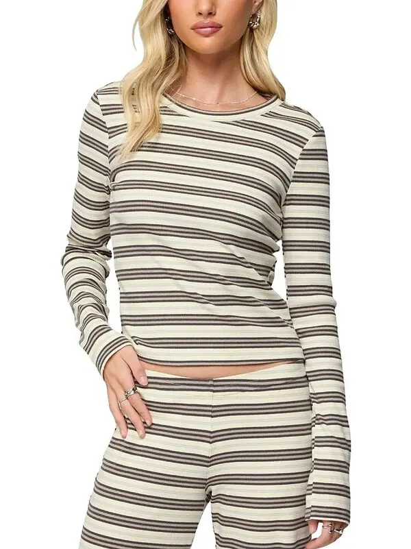 EDIKTED Avalie Striped Ribbed Long Sleeve T-shirt - Mix