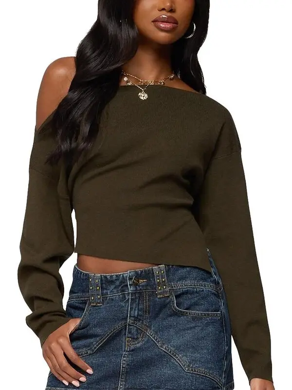 EDIKTED Chenelle Asymmetric Off Shoulder Sweater - Olive