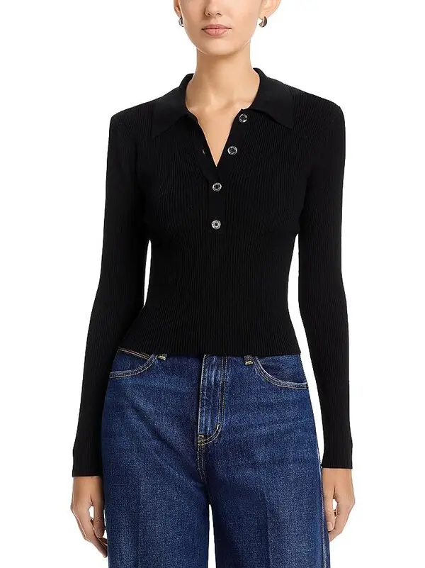 Michael Kors Ribbed Long Sleeve Polo Top - Black