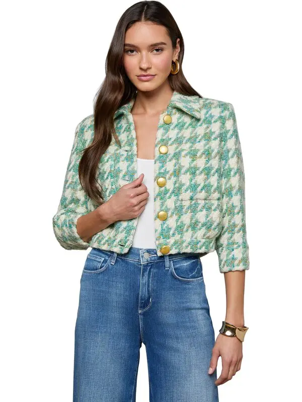 L'Agence Jia Houndstooth Tweed Jacket - Dusty Jade Multi Houndstooth
