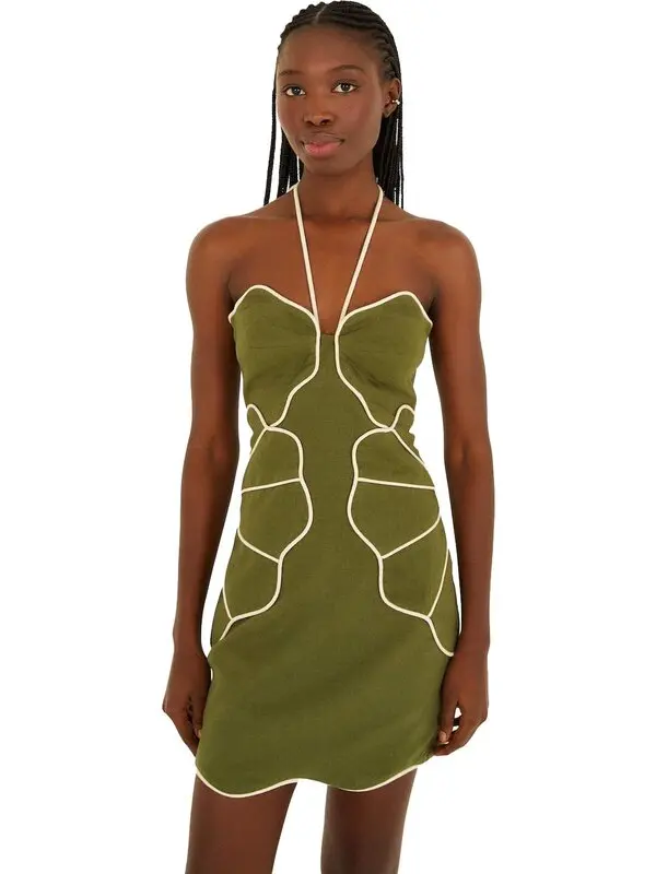 Farm Rio Wavy Trim Halter Neck Mini Dress - Green