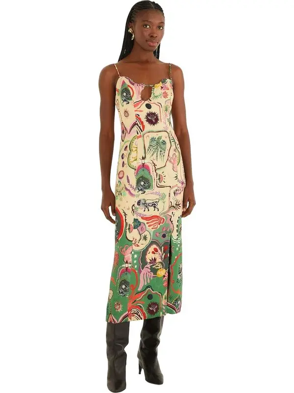 Farm Rio Artsy Surreal Land Beaded Midi Dress - Artsy Surreal Land Beige