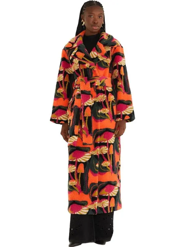 Farm Rio Wild Mushrooms Maxi Fleece Coat - Wild Mushrooms Black